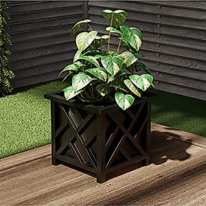 Pure Garden Lattice Design Planter Box – 14.75-Inch-Square Decorative Outdoor Flower or Plant Pot – Front Porch, Patio, and Garden Decor (Black)