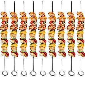 Metal skewers for grilling，skewers for kabobs，stainless steel skewers 14” Flat Shish Kabob Skewers with Ring Handles ，metal skewers ,Reusable BBQ Sticks - 10 Pack with Storage Bag
