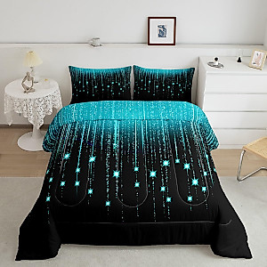 Abstract Ombre Comforter Set Teal Black Teens Bedding Set for Boys Girls Women Kids Modern Geometric Comforter Glitter Galaxy Stars Decor Quilt Set Bedroom Collection 3Pcs Full Size