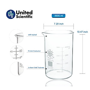 United Scientific™ BG1000-5000 Borosilicate Laboratory Grade Glass Beakers | Griffin Style Low Form Beaker | Graduated with Spout | Designed for Laboratories & Chemistry Classrooms | 5000mL Capacity