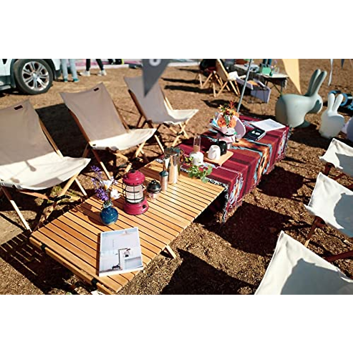 Go-Trio 4ft Low Portable Picnic Table, Boho Picnic Table with Carry Bag, Wooden Picnic Table Foldable, Adjustable Height Roll Up Folding Wooden Table Indoor Outdoor Camping, BBQ, Travel, Beach, Party