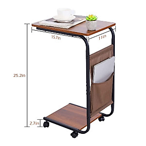 HITACTS C Shaped End Table Movable Couch Side Table with Storage Bag Small 2 Tier Sofa Bed Side Table with Sturdy Metal Frame and Lockable Wheels for Living Room & Bedroom (15.7" L x 11" W x 25" H)