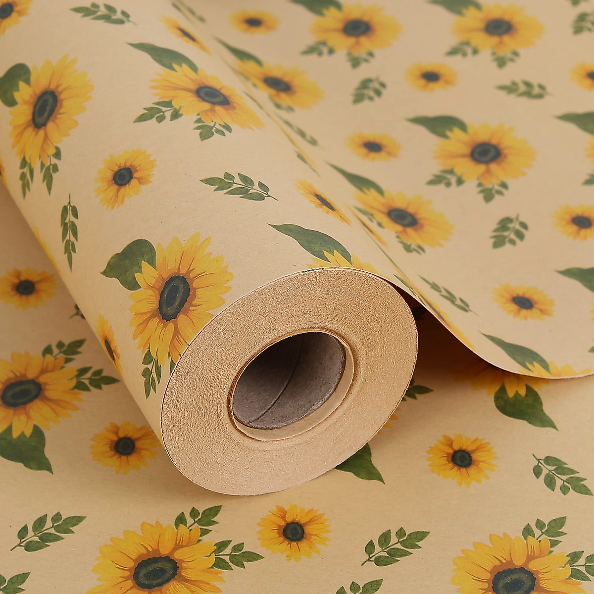 Aimyoo Kraft Floral Wrapping Paper Jumbo Roll, All Occasion Sunflower Flower Gift Wrap Paper for Wedding Bridal Shower Birthday, 17 in x 60 ft