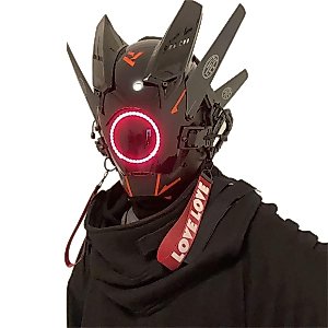 YYINYUAN Futuristic Cyberpunk Mask, Cyber Techwear Helmet Cosplay Costume, Black & Red Led Mask Face Mask Halloween Cosplay Mask for Men, Women (B-H-C-M)