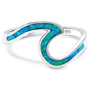 Oxford Diamond Co Wave Ocean Beach Lab Created Opal .925 Sterling Silver Ring Sizes 4-12. Colors Available (Lab Created Blue Opal, 5)