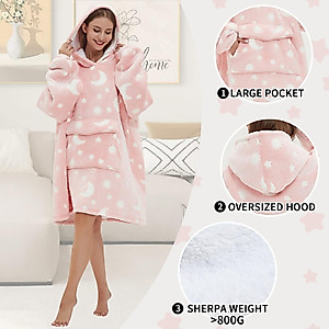 Glow in The Dark Wearable Blanket Hoodie for Adult,Oversized Sherpa Fleece Blanket Hoodie for Women Men,Luminous Moon and Stars