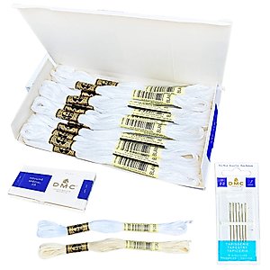 DMC White Embroidery Floss Kit, 6 Strand 117- Blanc CottonThread 12/ Pack Bundle with 1Skein of Each DMC Ecru/Snow White and DMC Cross Stitch Needles.Premium String/Yarn.Friendship Bracelet Supplies