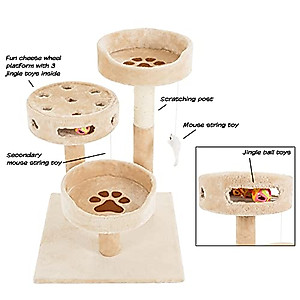 PETMAKER 3-Tier Cat Tower Collection - 2 Carpeted Napping Perches, Sisal Rope Scratching Post, Hanging Mouse, and Interactive Cheese Wheel Toy