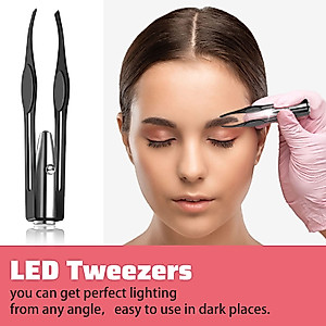 2 Pieces Tweezers with LED Light Hair Removal Lighted Tweezers Makeup Tweezers with Light Tools for Men Women Precision Eyebrow Eyelash Hair Removal Tweezers Stainless Steel Tweezers (Black, Red)