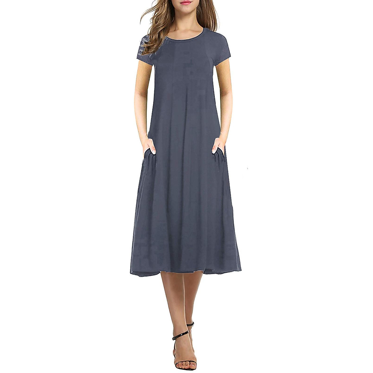 Necooer Women's Casual Loose T-Shirt Dress Plain Pleated Long Dress Short Sleeve Round Neck Midi Dress (X-Large, B-Gray)