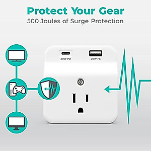 KMC USB-C PD Surge Protector 3-Outlet Wall Tap, USB-C Power Delivery Charger and USB-A Fast Charging Port, 500J Surge Protection, Wall Mountable Outlet Adapter for Home, Office, Dorm Essentials, White