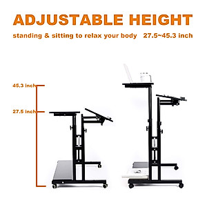 Zytty Small Standing Desk, Portable Standing Desk with Wheels Standing Laptop Desk Mobile Standing Desk for Home Office Adjustable Standing Desk, Stand Up Computer Desk Rolling Laptop Cart, Black