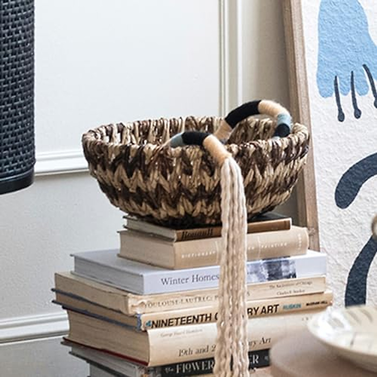 Bloomingville Small Woven Buri and Banana Fiber Organizer Decor for Storage, Natural and Brown Basket