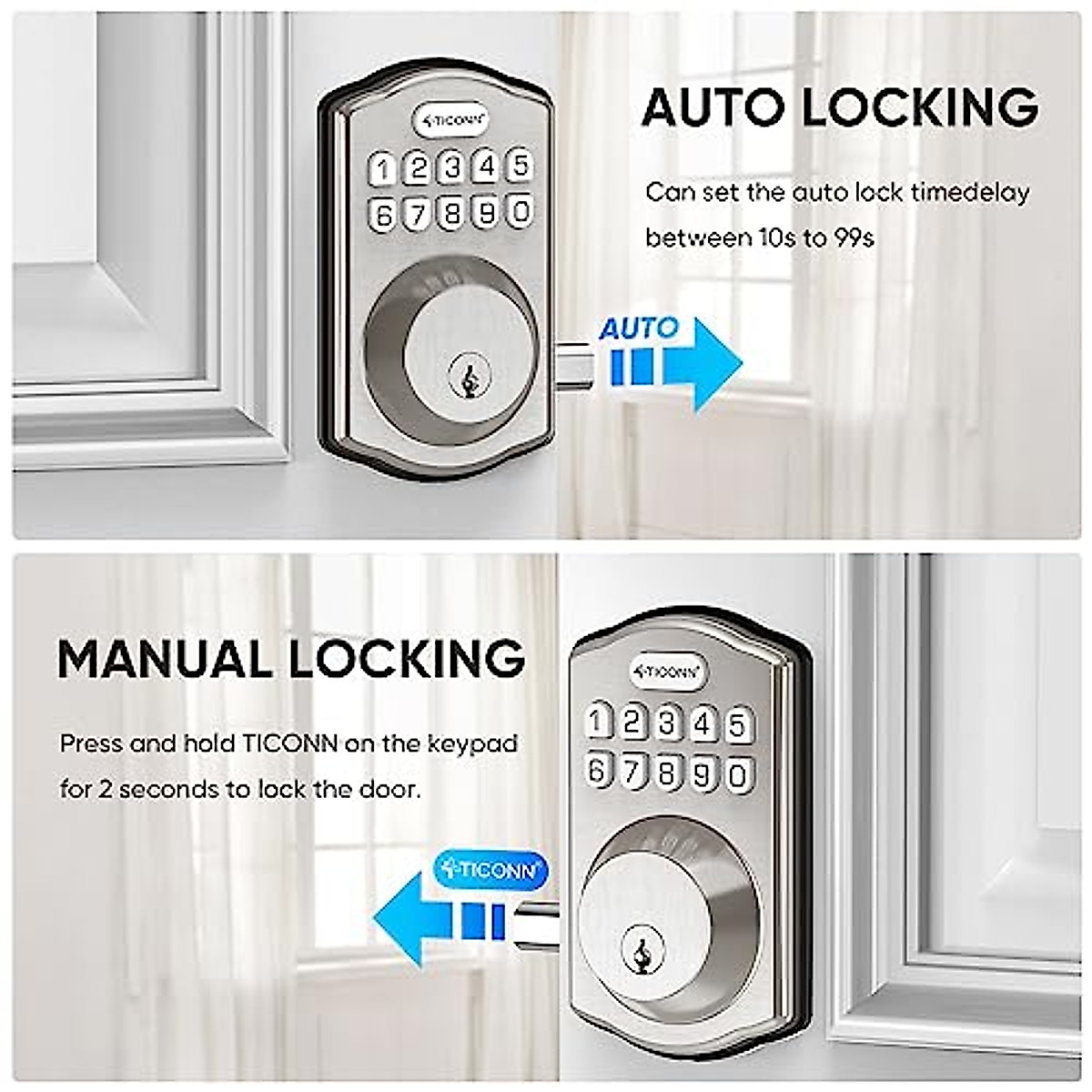 TICONN Keyless Entry Door Lock Deadbolt with Keypad, Smart Locks for Front Door with Passcode, Traditional Style Door Lock Security with Auto Lock and Spare Keys (Satin Nickel)