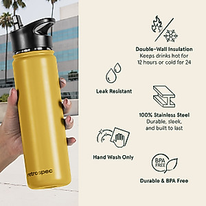 Retrospec Alder Insulated Water Bottle with Straw Lid & Handle Cap - Stainless Steel Wide Mouth Double-Wall Vacuum Insulated Thermos - BPA Free Leakproof Canteen - Honey, 22oz