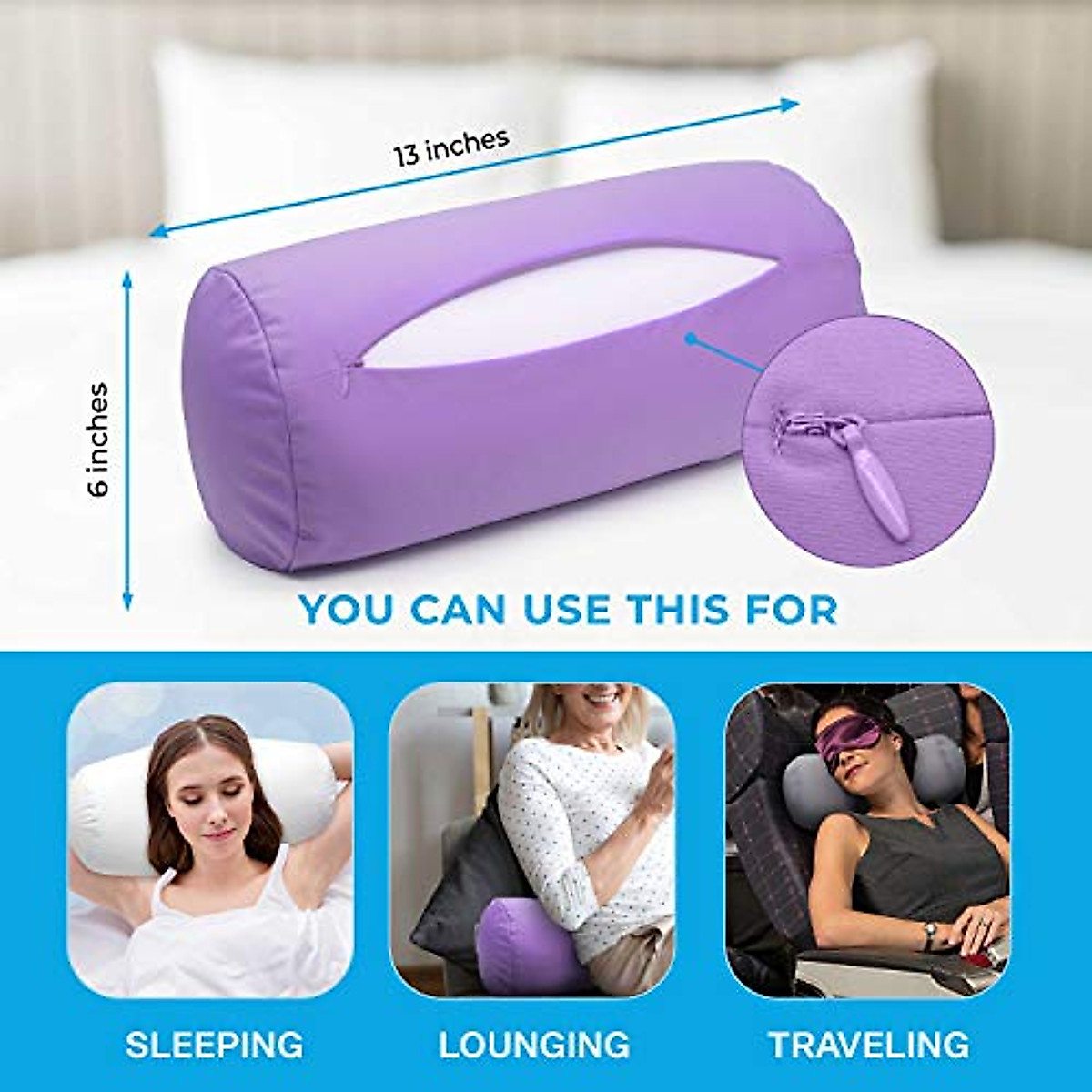 Squishy Deluxe Tube Microbead Bolster Pillow with Stay-Cool Fill & Silky Removable Cover, Flexible, Head, Neck & Back Support for Home & Away, Carrying Case, 13 x 6 inches, Grey