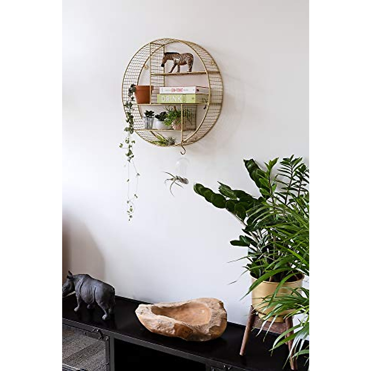 kimisty Gold Round Wall Shelf, 20 Inch Extra Large, Circular Bathroom, Bedroom Floating Shelves, Circle Brass Geometric Wall Art, Boho Metal Wire Mesh Sconce & Crystal Shelf