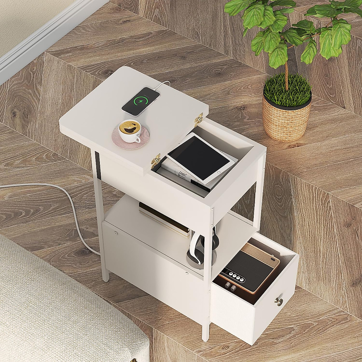 SOOWERY End Table with Charging Station, Narrow Side Table with Flip Top Cabinet and Fabric Drawer, Nightstand Bedside Tables for Small Spaces, Bedroom, Living Room, White