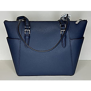 Michael Kors Charlotte Large Zip Tote bundled with matching Trifold Wallet Purse Hook (Navy/Signature MK Bright White)