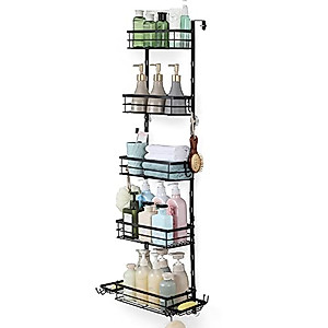 Over the Door Shower Caddy, 5-Tier Adjustable Hanging Shower Organizer Rustproof Metal Bathroom Storage Shelf Shower Basket with Soap Holder & Suction Cup for Shampoo, Conditioner