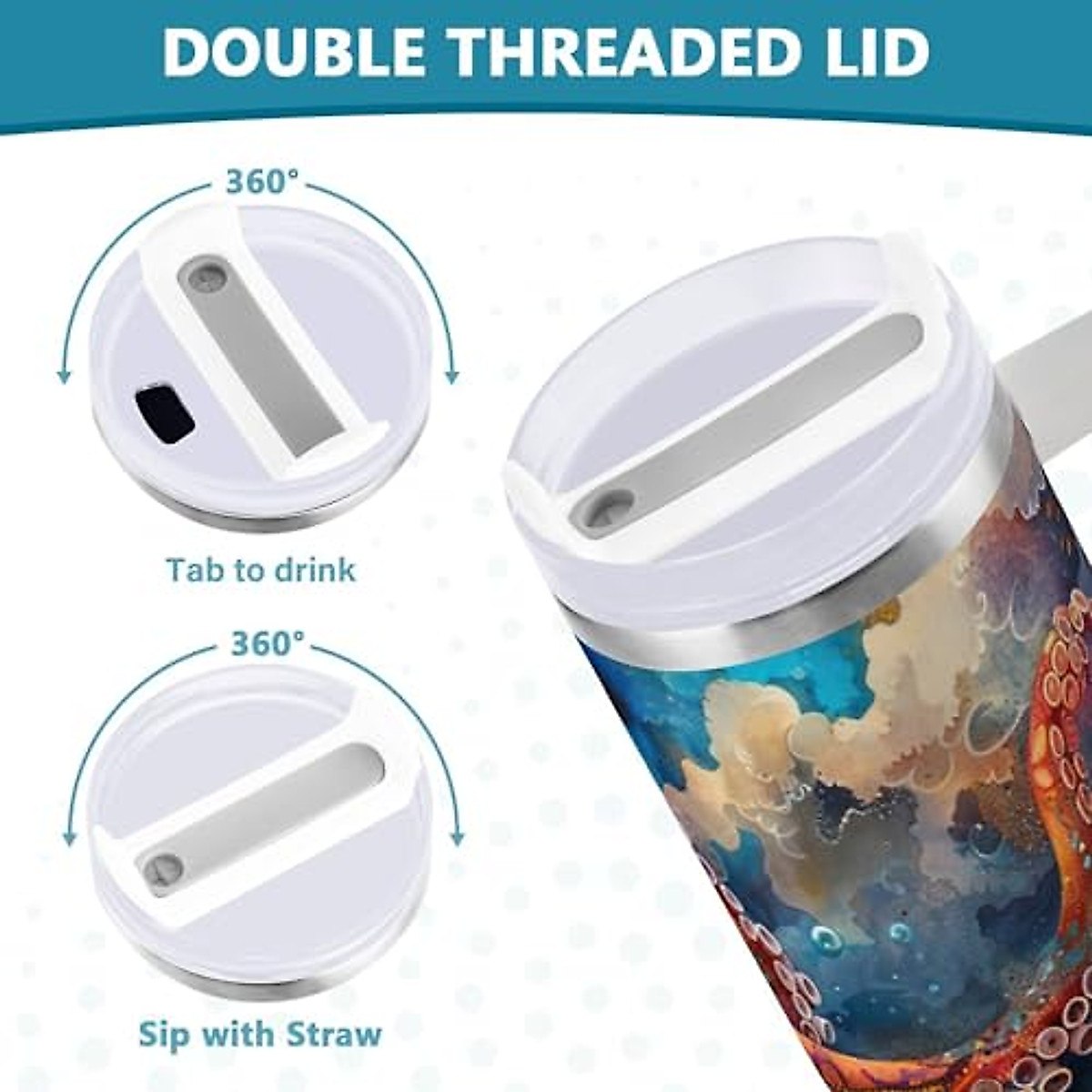 Blueangle 40 oz Red Octopus Tumbler with Handle and Straw Lid, Insulated Cup Reusable Stainless Steel Water Bottle Travel Mug