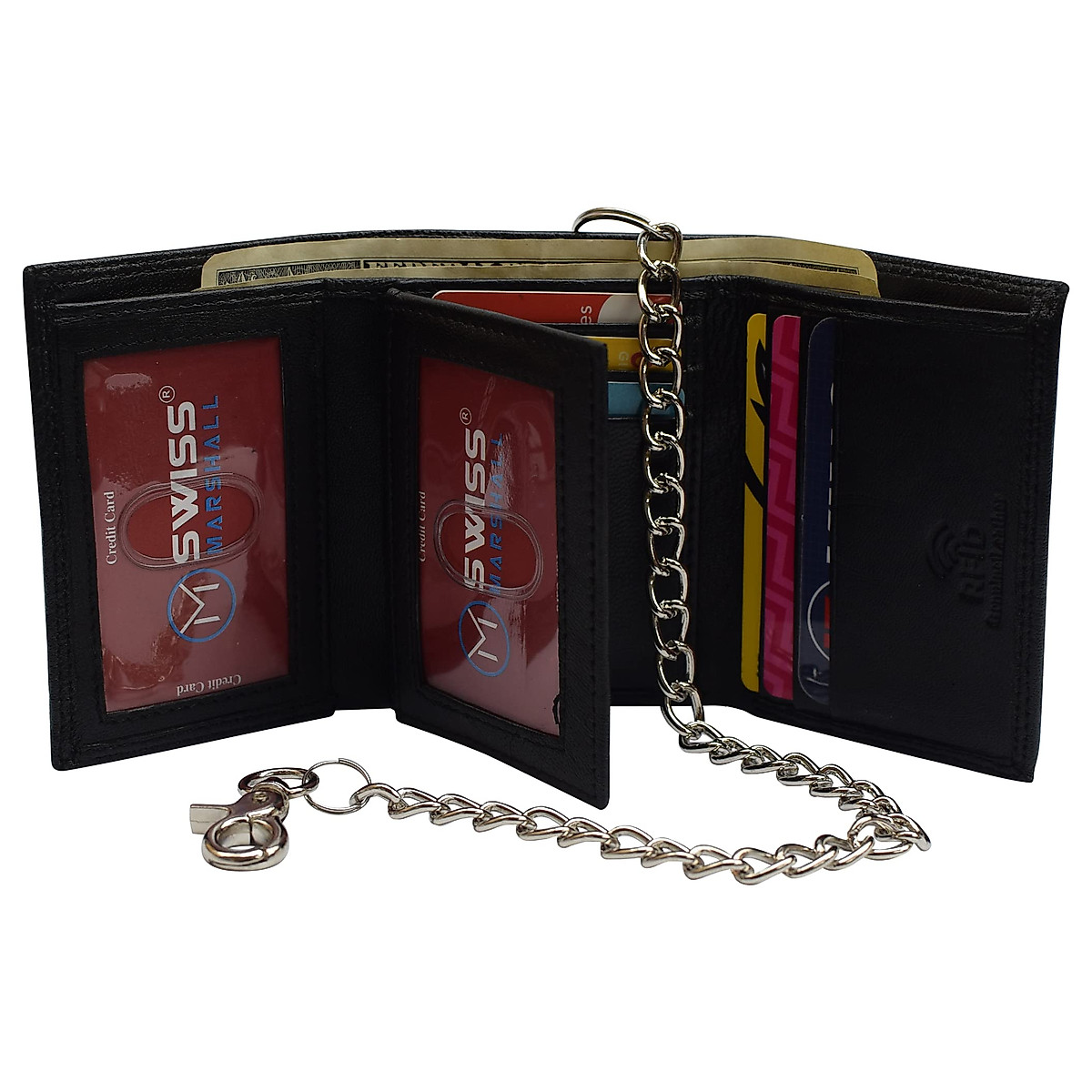 Men's RFID Blocking Premium Leather Chain Trifold Wallet (Black with Chain)