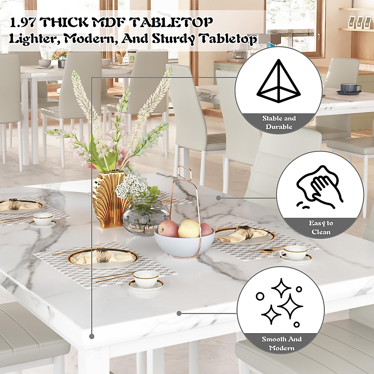 DKLGG Dining Table Set for 4, 5 Piece Kitchen Table Set with PU Leather Chairs Space-Saving Faux Marble Dining Room Table Set for 4 for Small Home Kitchen, Apartment