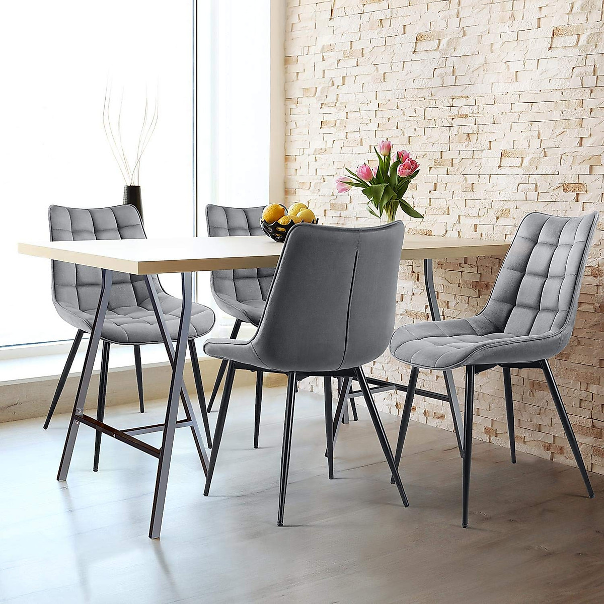 Yaheetech Set of 4 Dining Chairs Velvet Reception Chairs Tufted Accent Chairs with Soft Padded and Metal Legs for Kitchen/Living Room/Lounge/Reception, Gray