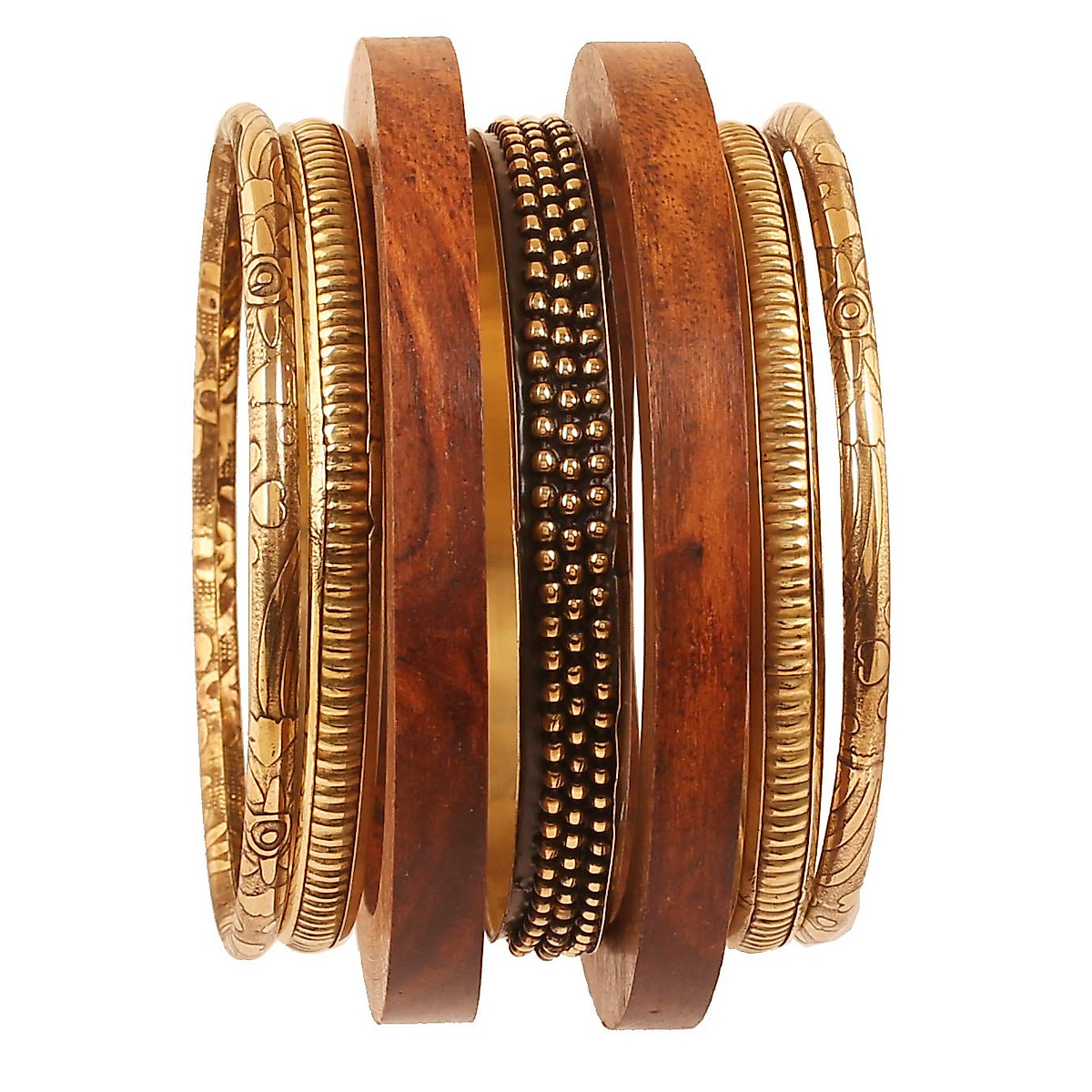 Touchstone wooden women bamboo wood jewelry african bangle bracelets gold bangles brown boho accessories chunky vacation brass statement natural rustic Indian bollywood handcrafted. Set of 7