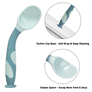 Qshare Baby Utensils Spoons with Travel Safe Case, Toddlers Feeding Training Spoon with Easy Grip and Bendable Function, Perfect Self Feeding Learning Spoons (SuctionBlue/Pink)