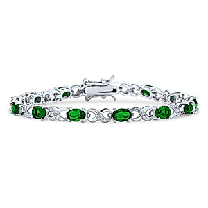 Bling Jewelry 9CT Simulated Green Emerald Cubic Zirconia AAA Oval CZ Romantic Love Knot Symbol Infinity Milgrain Tennis Bracelet for Women Silver Plated