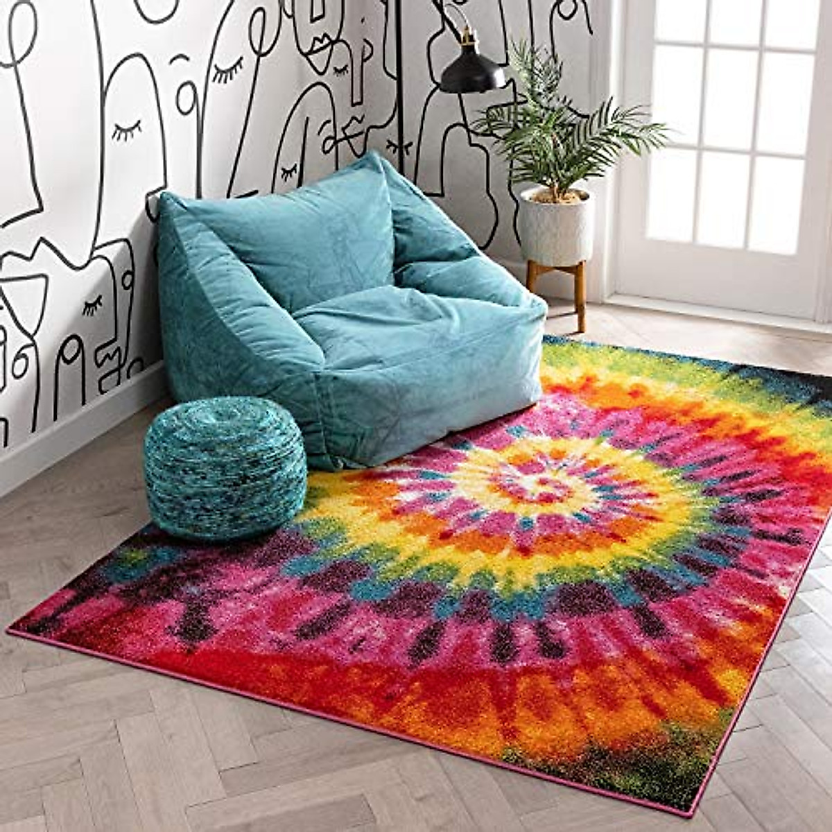 Tie Dye Retro Rainbow Trippy Multi Hippie Red Orange Yellow Green Modern Painting 3X5 (3'3" X 5') Area Rug Easy Clean Stain Fade Resistant Shed Contemporary Geometric Art Thick Soft Plush