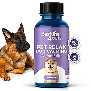 Pet Relax Dog Calming Anxiety Relief - Long-Lasting Dog Relaxants for Stress Relief, Natural Solution for Separation Anxiety, Travel, Thunderstorms, and Fireworks - 400 Odorless, Tasteless Pills
