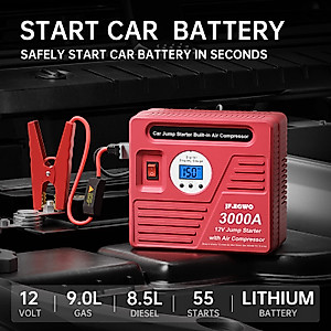 3000Amp Car Jump Starter with Air Compressor, 150PSI Tire Inflator with Digital Screen Pressure Gauge, 24000mAh 12V Auto Battery Booster (9.0L Gas/ 8.5LDiesel Engine), 2 USB Port 2 Light