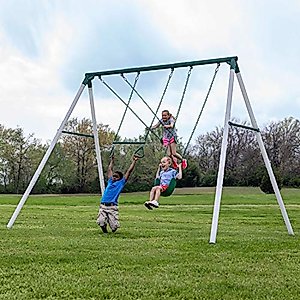 Backyard Discover Big Brutus Metal Swing Set, 10 Ft Tall, 2 Belt Swings, Trapeze Bar, Heavy Duty, Thick, Powder Coated Steel, Weather Resistant, Easy to Assemble