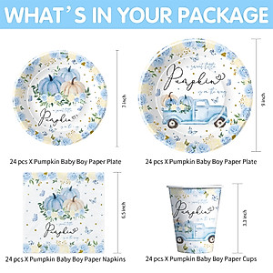 Srua Don Pumpkin Baby Shower Decorations Tableware, Blue Little Pumpkin Baby Shower Party Supplies, Plate, Cup, Napkin, Cutlery, Tablecloth, Thanksgiving Fall Pumpkin Baby Boy Decorations, Serve 24