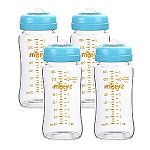 Matyz Glass Breastmilk Storage Bottles, 4 Pack, 8 oz, Sturdy Glass Bottle for Milk Freezing and Baby Feeding - Large Pumping Bottle for Philips Medela Spectra Breast Pumps - BPA Free (Blue Lids)