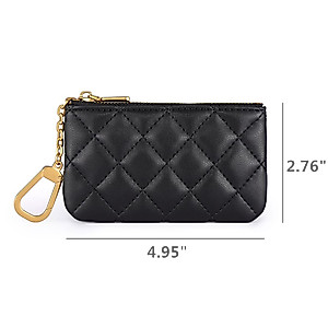 Mossruta Premium Genuine Full Grain Leather Mini Coin Purse Keychain Pouch Card Holder for Men Women (Black Quilted- AG)