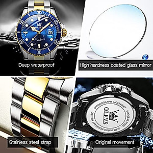 Blue Face Watches for Men Silver Gold Stainless Steel Band Watches With Date OLEVS Watch Mens Pro Diver Watches Classic Waterproof Wristwatch for Men Round Dress Big Face Male Watch Fashion Multifunction For Man Luxury Analog Quartz Luminous Watch