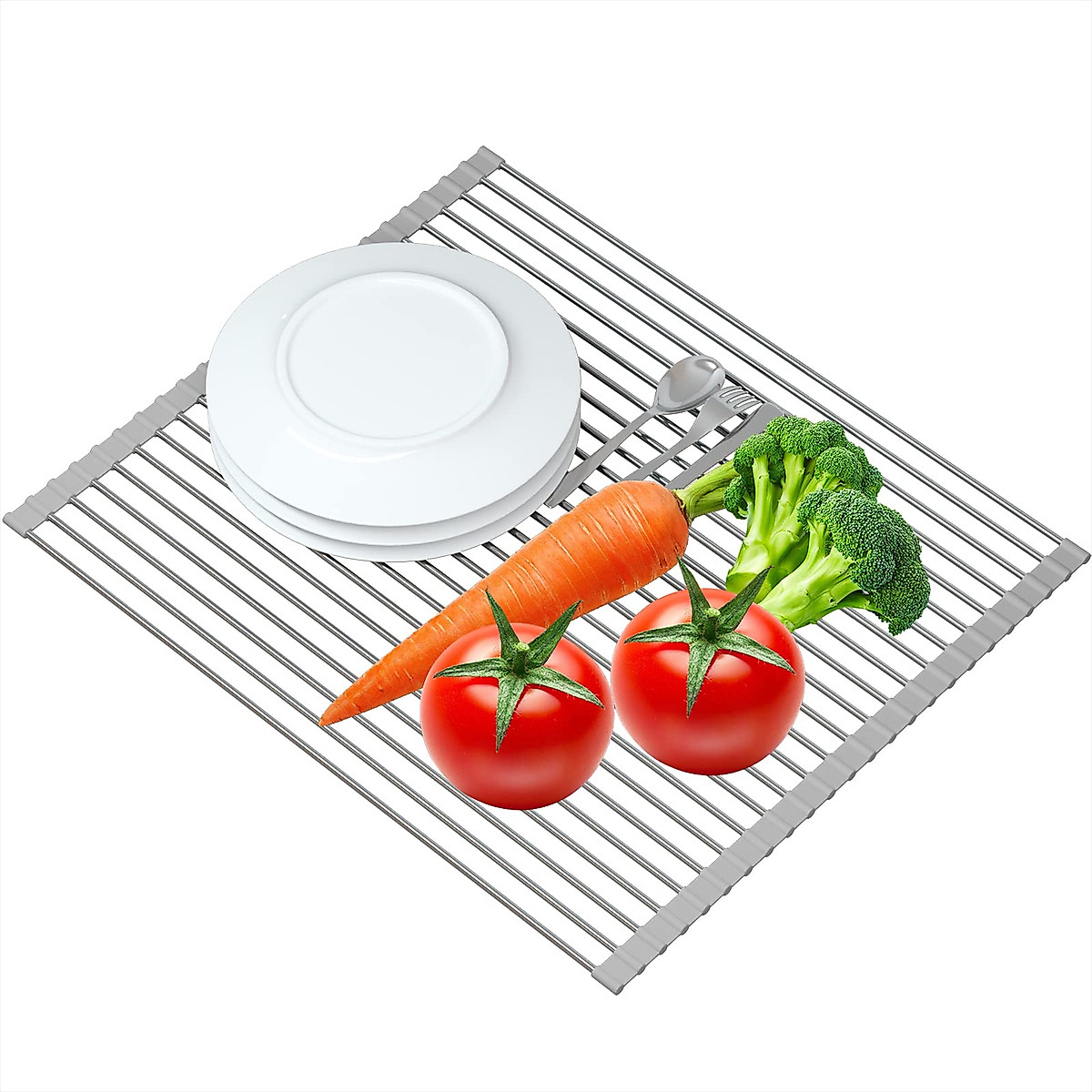 EMBATHER 20.8'' x 18.1'' Roll Up Dish Drying Rack Over The Sink, Dish Drying Rack for Kitchen Counter, Multipurpose Stainless Steel Foldable Kitchen Drainer Rack with Anti-Slip Silicone, Gray