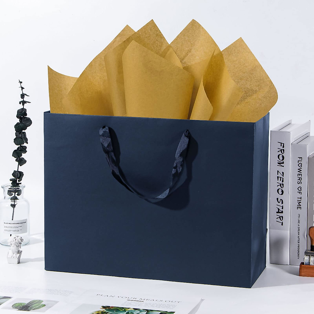 Umoofine Large Navy Blue Gift Bag 12 Pack, 15.7x5.9x12 Inches Extra Large Kraft Gift Bags with Ribbon Handles, Reusable Heavy Duty Kraft Navy Blue Paper Bags Bulk for Shopping, Wedding, Gift, Retail