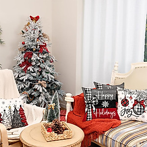 GEEORY Christmas Throw Pillow Covers 18 x 18 Inch Set of 4, Xmas Trees Merry and Bright Happy Holidays Farmhouse Decorative Cushion Cases for Home Decoration G418-18