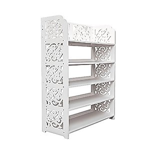LeeMas White Wood Plastic Shoe Cabinet Carved Shoe Rack White Chic Hollow Shoe Tower Baroque Free Standing Shoes Storage Organizer Closet Shelves Holder Container (24.41 x 9.45 x 31.5), 5 Tiers