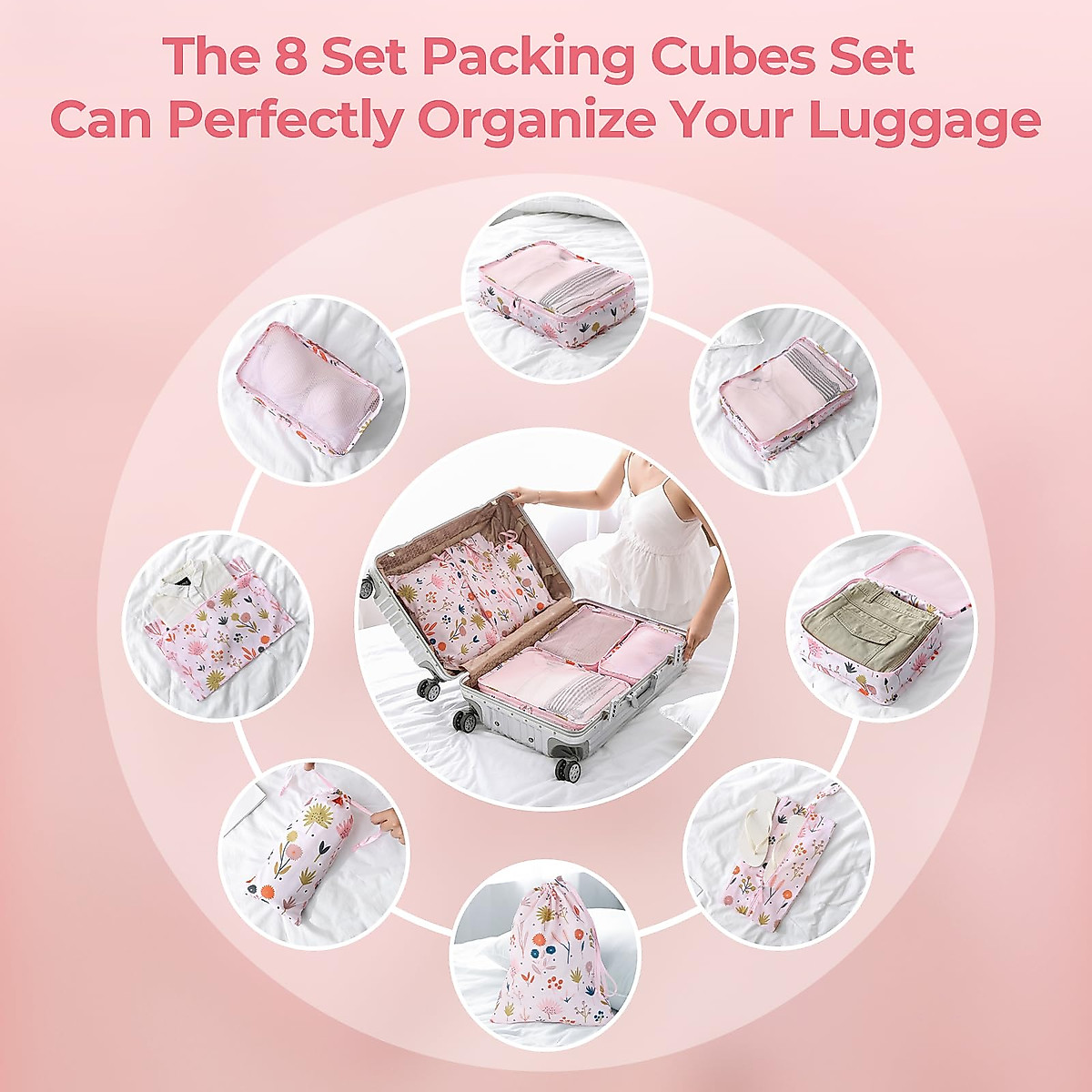 8 Piece Packing Cubes Set, Lychii Travel Luggage Packing Organizers - Floral Printed
