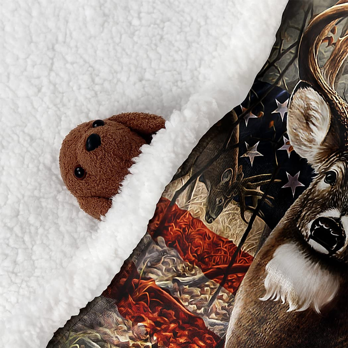 HommomH Deer Sherpa Blanket 50"x 60" American Flag Deer Blankets Super Soft Fuzzy Thick Warm Fleece Throw for Man Bed Couch