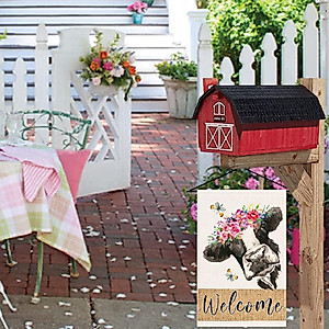 LHSION Spring Cow Garden Flag 12.5 x 18 Inch Welcome Floral Decorative Double Sided Burlap Flag For Spring Summer Farmhouse Yard Seasonal Decor