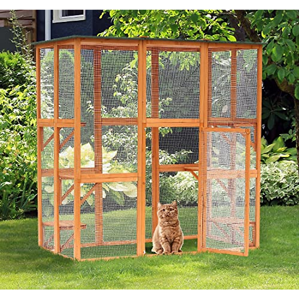 PawHut Outdoor Cat House Big Catio Wooden Feral Cat Shelter Enclosure with Large Spacious Interior, 6 High Ledges, Weather Protection Asphalt Roof, 71" L, Orange