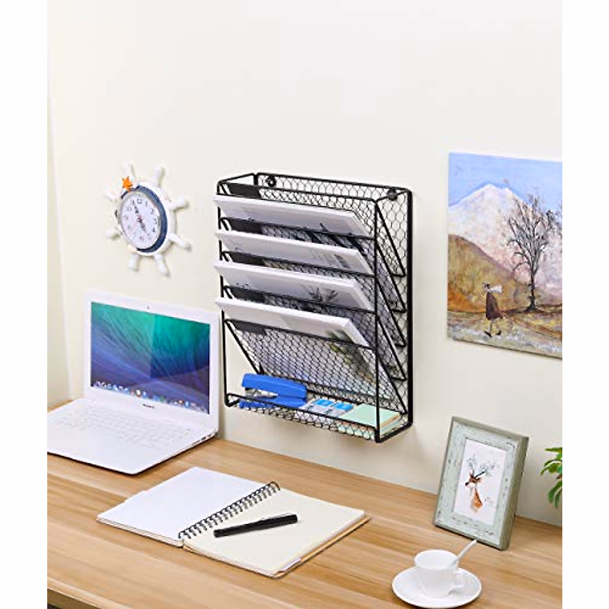 PAG Hanging Wall File Holder Mail Organizer Metal Chicken Wire Wall Mounted Literature Rack, 6 Tier, Black
