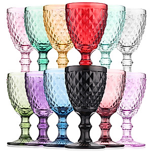 meekoo 12 Pack Multi Colored Glass Goblets Vintage Wine Glass 8 oz Embossed Drinking Glasses with Stem Stemmed Glassware for Wedding Banquet Feast Party, 12 Colors