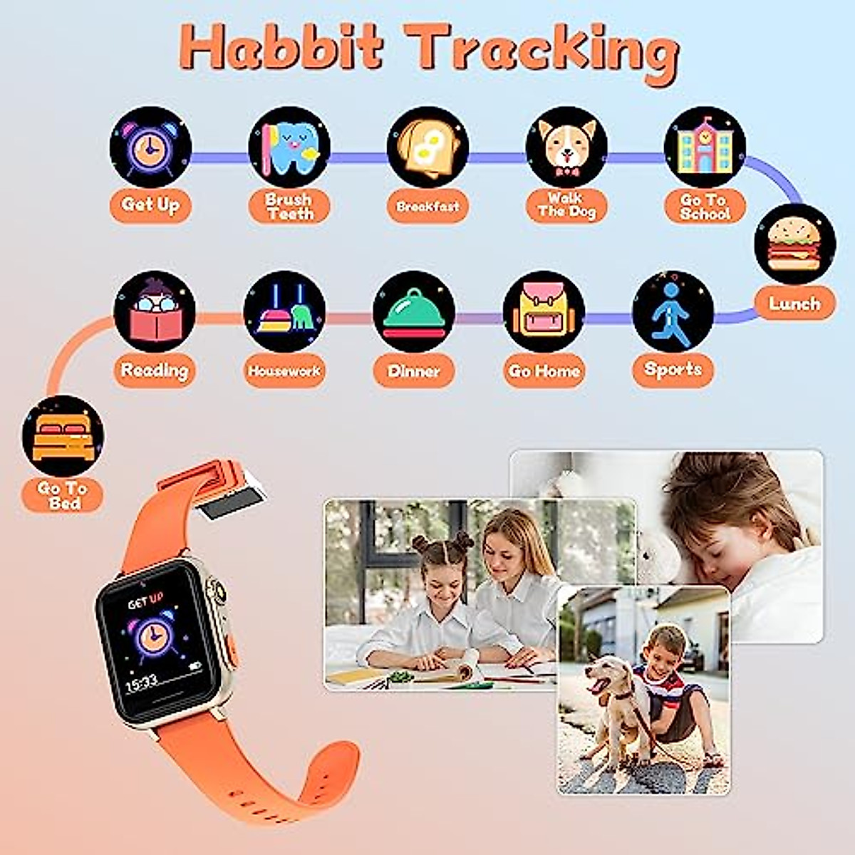 Kids Smart Watch for Boys Girls with Games, Children Educational Smartwatch with Camera Bedtime Stories Music Alarm Pedometer, Smart Watch for Kids Toy Gifts for Toddlers 3 4 5 6 Years Old (Orange)